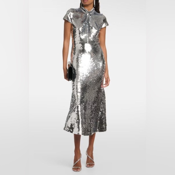 Self-Portrait | Dresses | Self Portrait Silver Sequin Twist Neck Midi ...